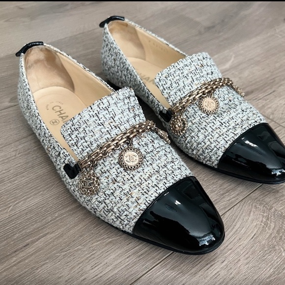CHANEL | Shoes | Chanel Tweed Leather Loafers With Chanel Charms Size ...